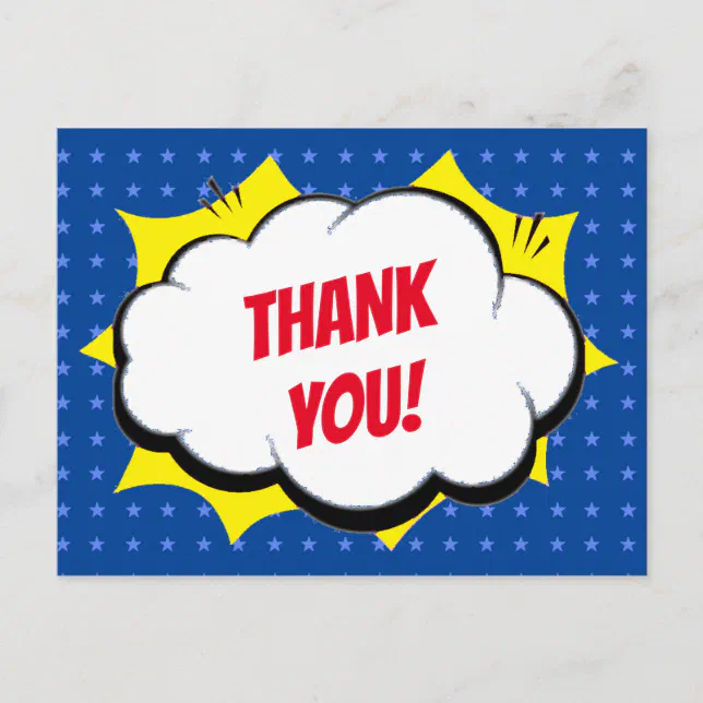 Comic Super Hero Blue Personalised Kids Thank You Postcard | Zazzle