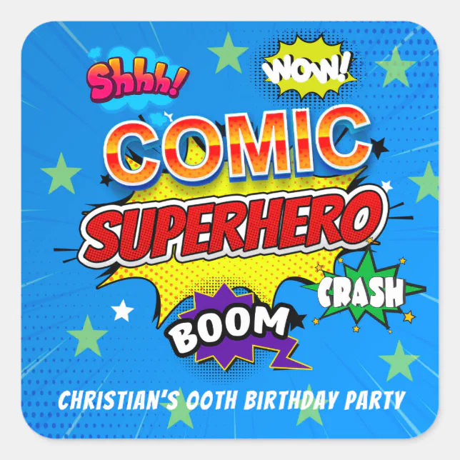 Comic Superhero Strip 00th Birthday Party Square Sticker | Zazzle