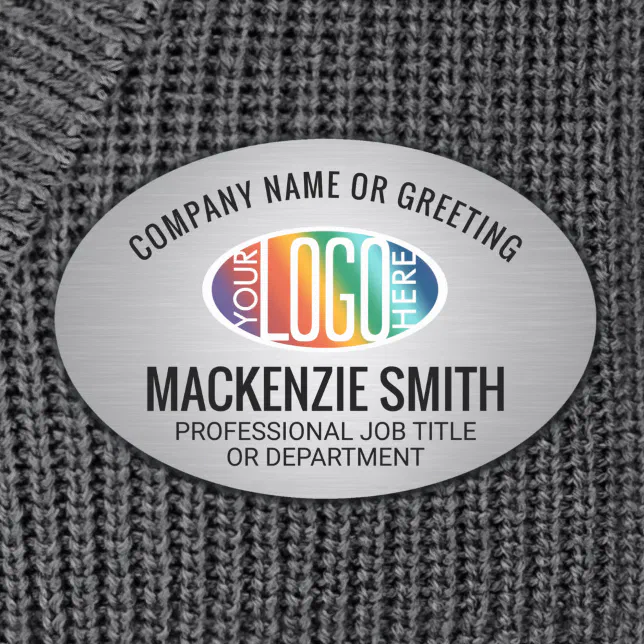 Company Logo Brushed Grey Colour Plastic Oval Name Tag | Zazzle