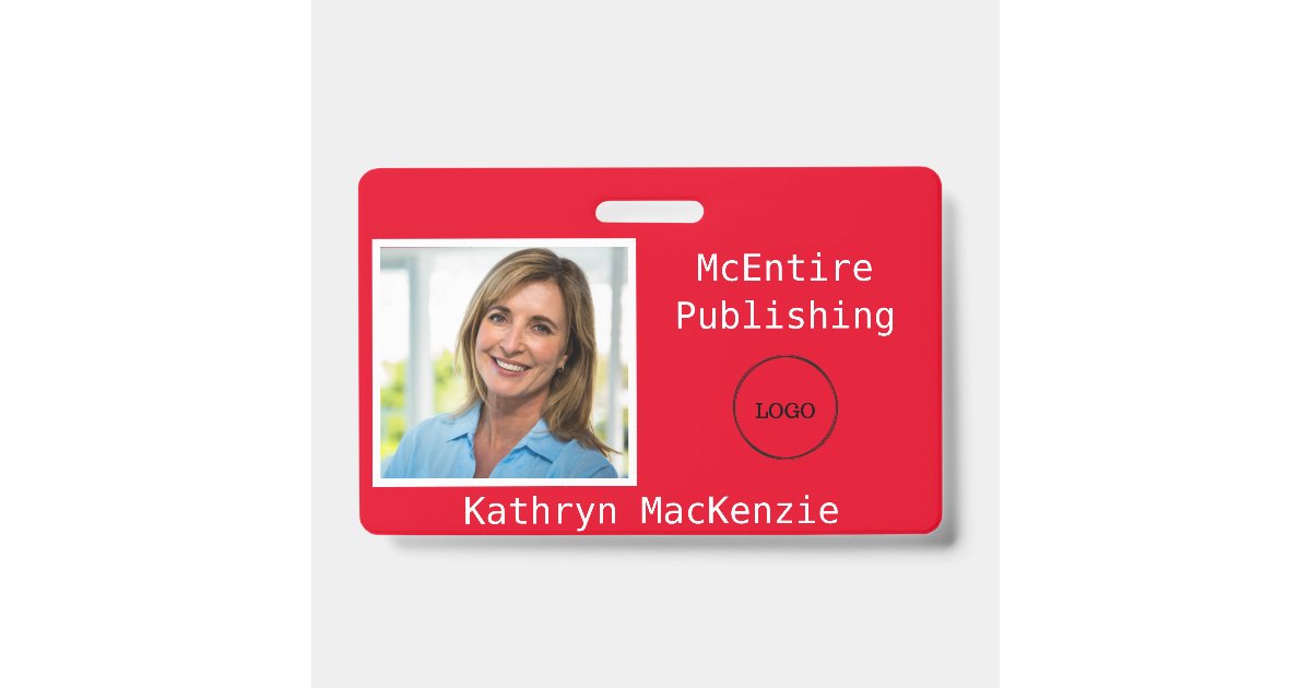 Company Photo Red Logo Name ID Badge | Zazzle