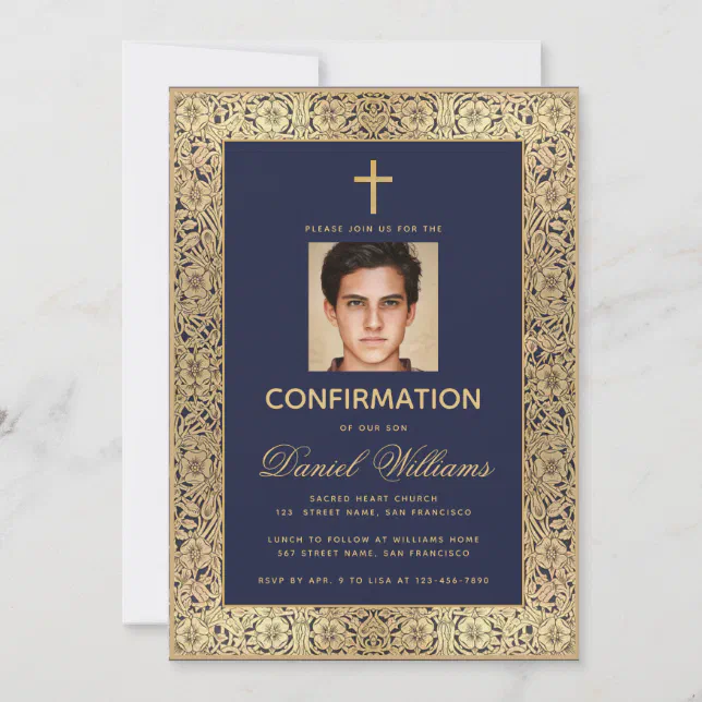 Confirmation Boy Photo Navy Blue Gold Roses Script Invitation | Zazzle