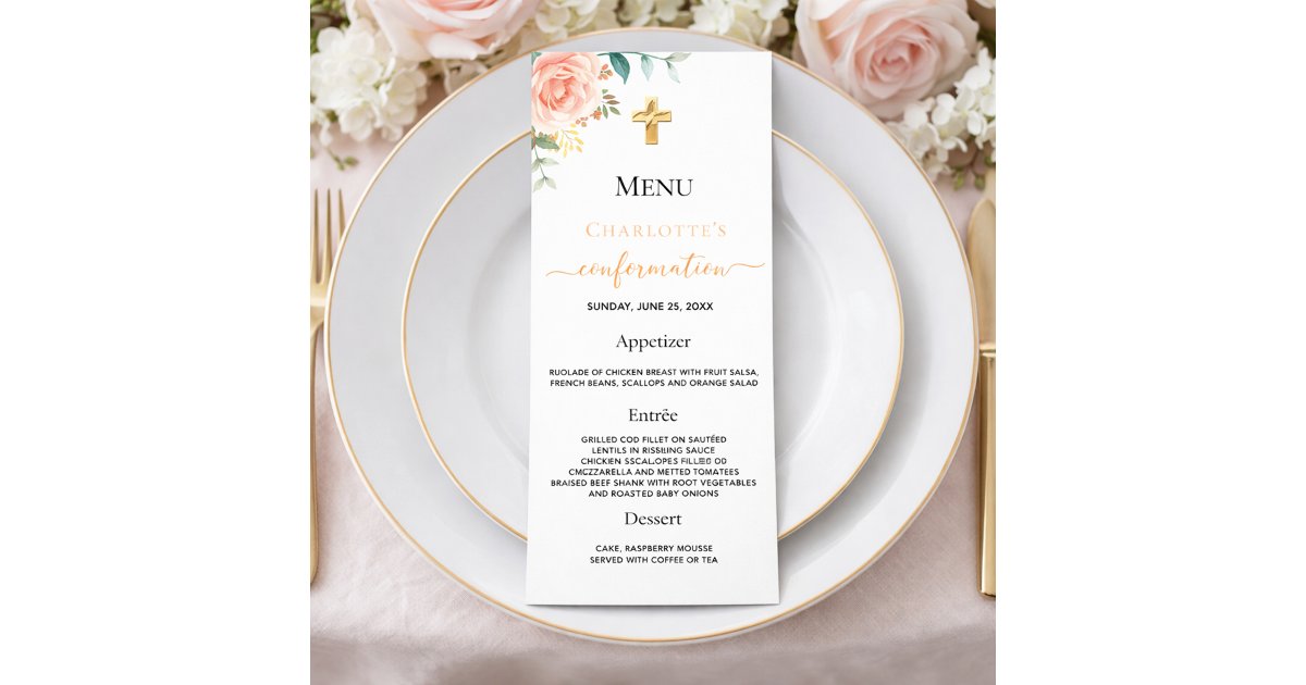 Confirmation Menu rose gold blush pink floral girl | Zazzle