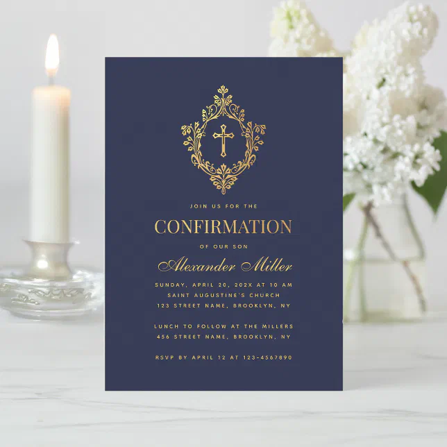 Confirmation Navy Blue Elegant Faux Gold Crest Boy Invitation | Zazzle