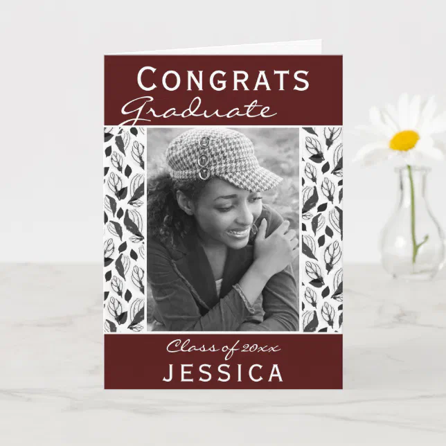 Congrats Graduate Leaf Pattern Photo Graduation Card | Zazzle