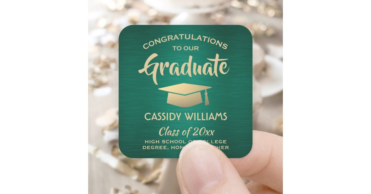 Congratulations Brushed Green and Gold Graduation Square Sticker | Zazzle