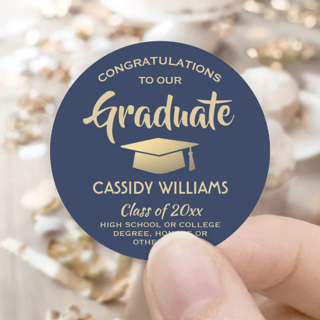 Congratulations Navy Blue Gold Modern Graduation Classic Round Sticker ...