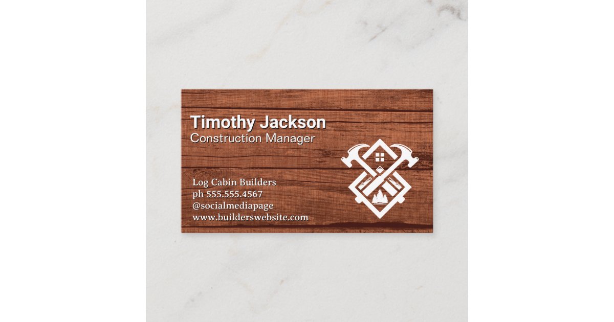 Construction Build Hammers Logo | Wood Background Business Card | Zazzle