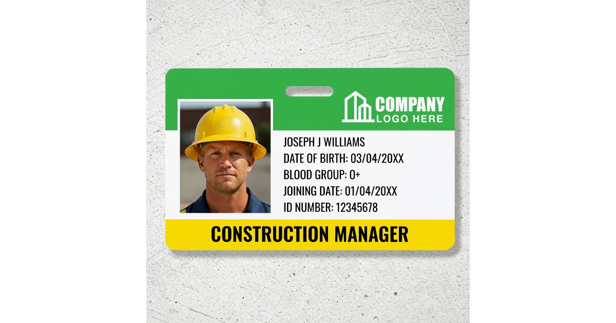 Construction Site ID Logo Barcode Green Template ID Badge | Zazzle