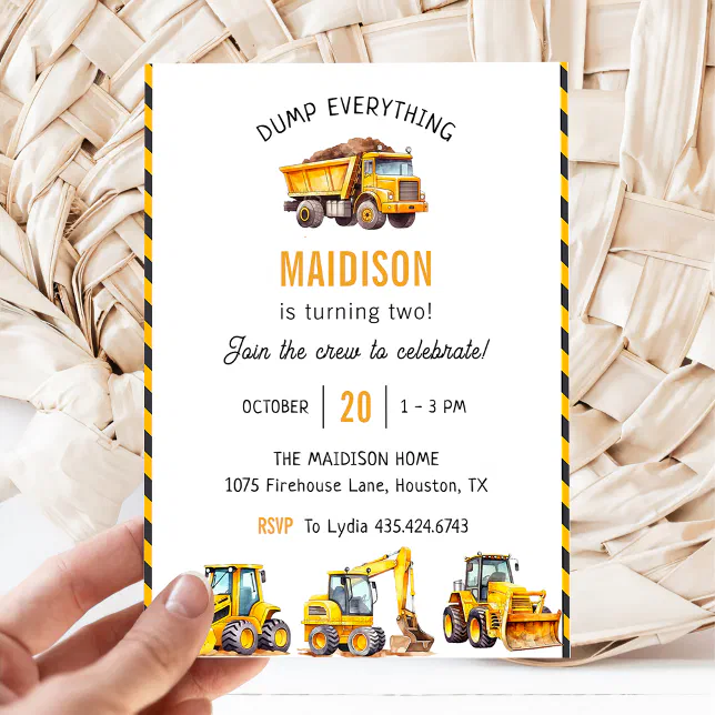 Construction Trucks Theme Birthday Party Invitation | Zazzle