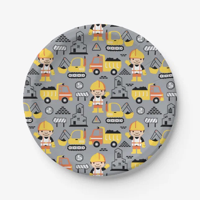 Construction Worker Tipper Truck Digger Pattern Paper Plate | Zazzle