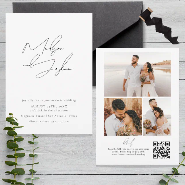 Contemporary Calligraphy Photo Collage QR Code Invitation | Zazzle