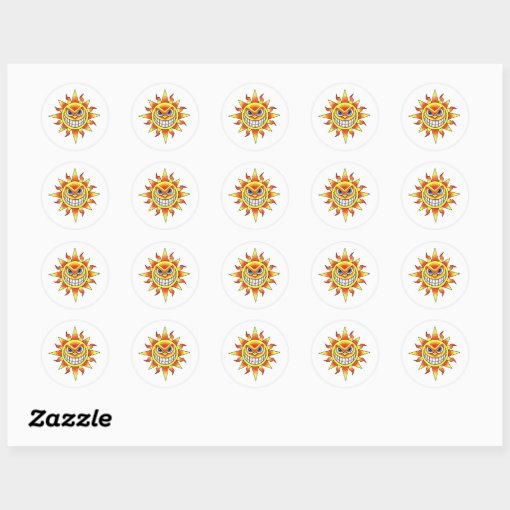 Cool cartoon tattoo symbol evil smiling SUN face Classic Round Sticker ...