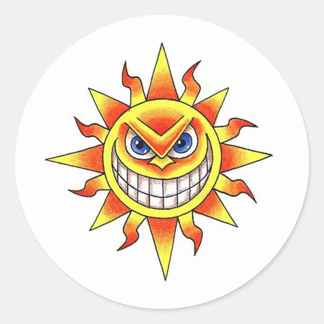 Cool cartoon tattoo symbol evil smiling SUN face Classic Round Sticker ...