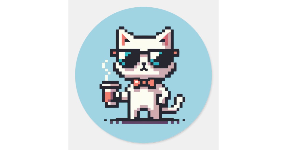 Cool Cat Coffee Break: 8-Bit Pixel Art Classic Round Sticker | Zazzle