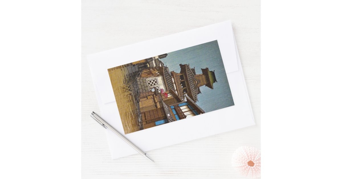 Cool oriental japanese Hasu Kawase rainy village Rectangular Sticker ...