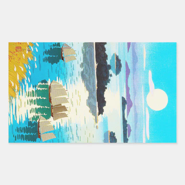 Cool oriental japanese Kawai Kenji Sunset Lake Rectangular Sticker | Zazzle