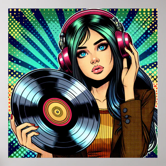 Cool Pop Art Comic Style Girl with Vinyl Album Poster | Zazzle