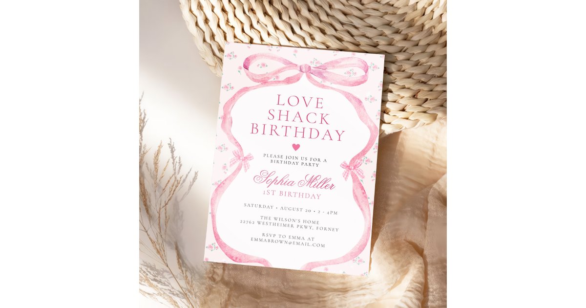 Coquette Pink Bow Love Shack Birthday Invitation | Zazzle