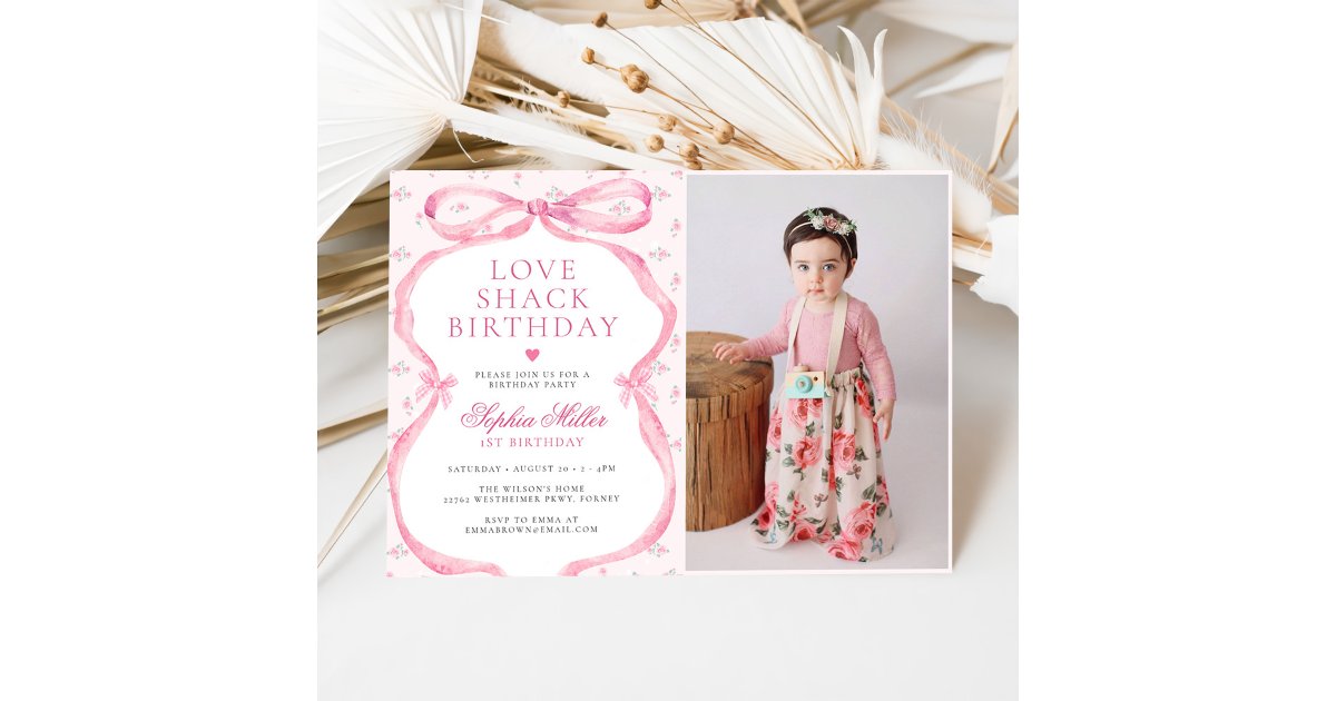Coquette Pink Bow Love Shack Birthday Photo Invitation | Zazzle