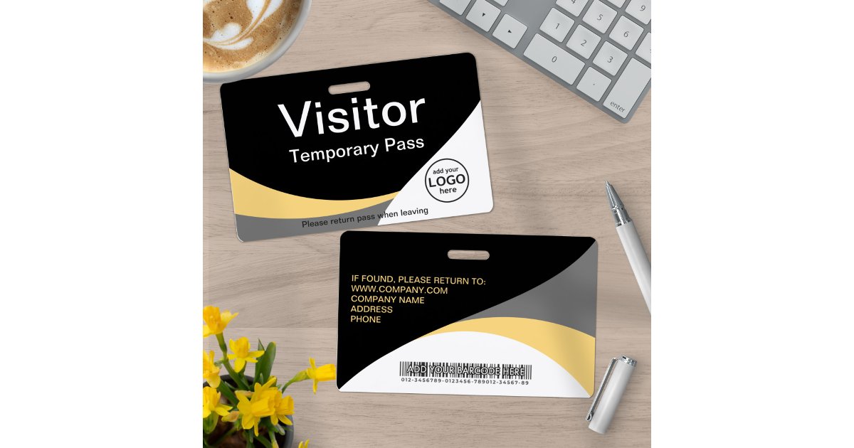 Corporate Visitor Pass Custom Barcode Yellow Grey ID Badge | Zazzle