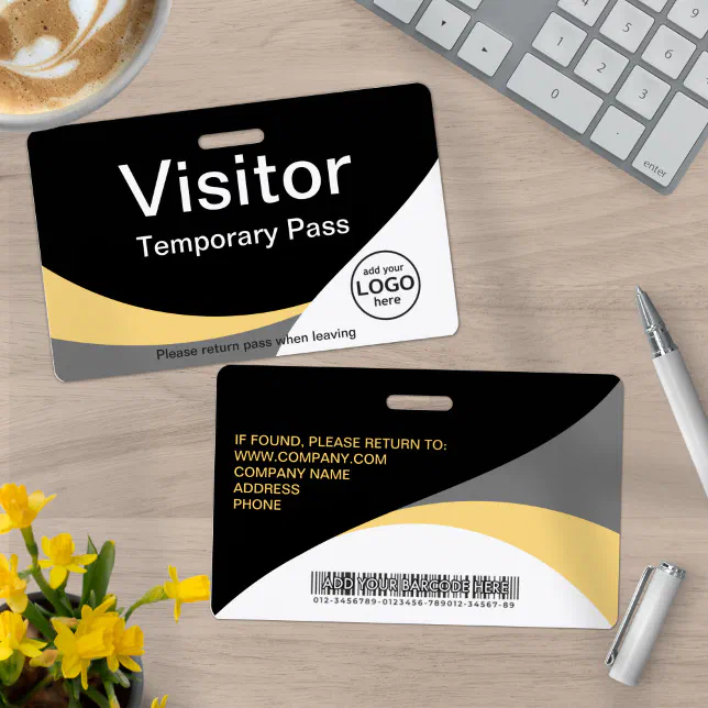 Corporate Visitor Pass Custom Barcode Yellow Grey ID Badge | Zazzle