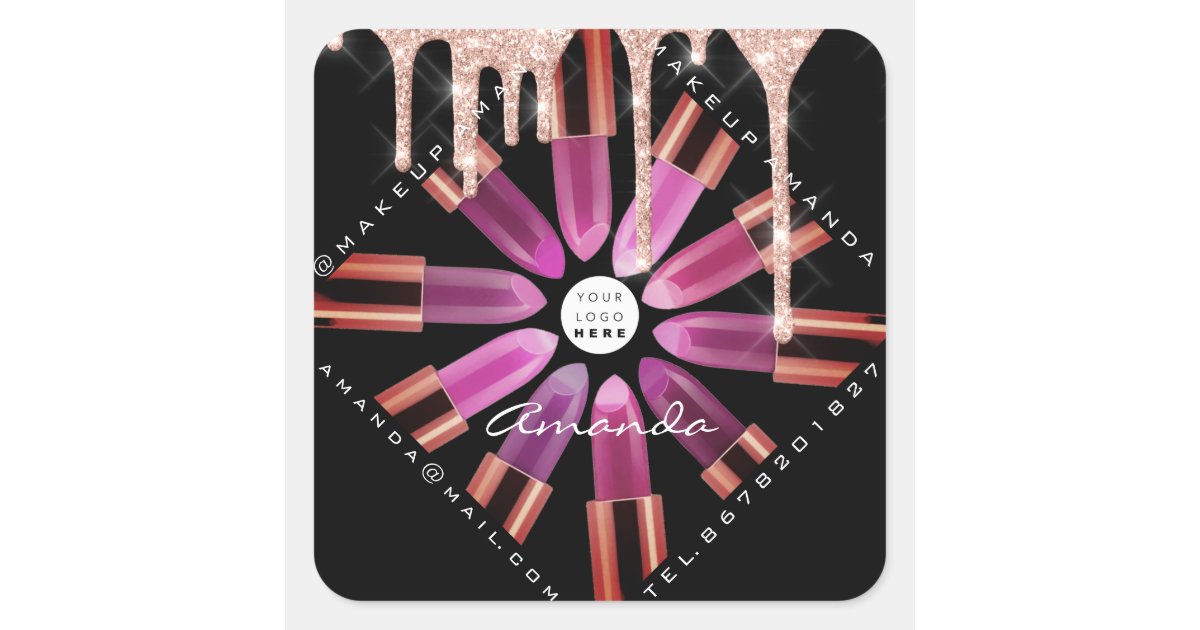 Cosmetic Makeup Artist Pink Lipstick Logo Drips Square Sticker | Zazzle