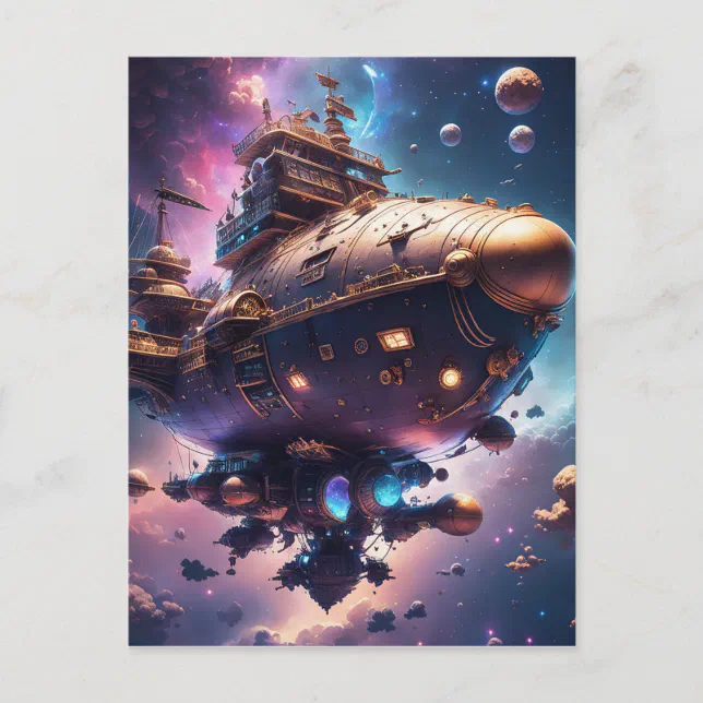 Cosmic pirate ship floating in space holiday postcard | Zazzle