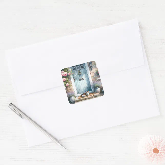 Cottagecore Floral Porch with Calico Cat Square Sticker | Zazzle