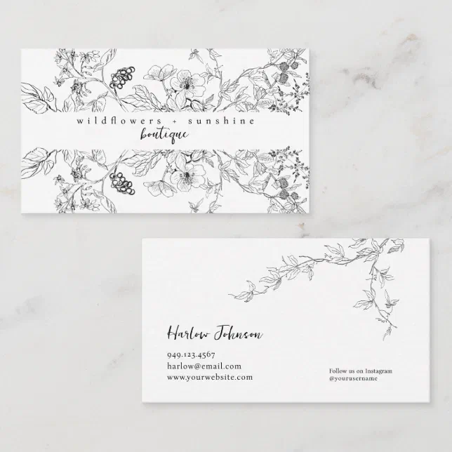 Country Wildflower Floral Botanical Line Drawing Business Card | Zazzle