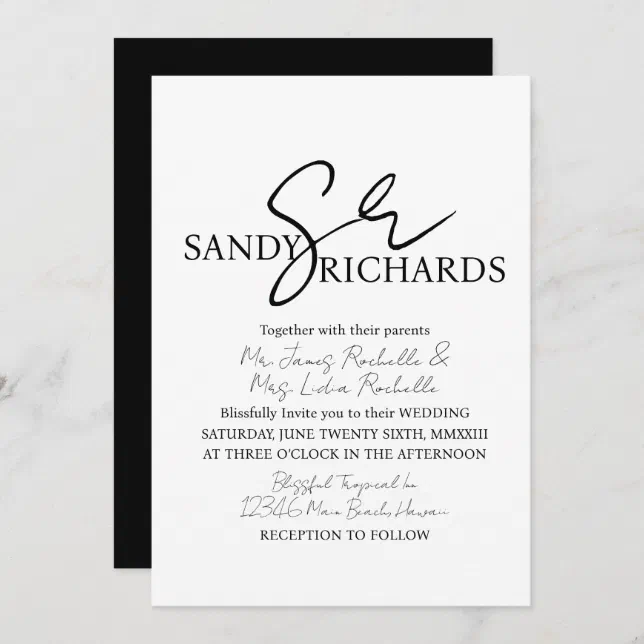 Couples Monogrammed Black White Script Wedding Invitation | Zazzle