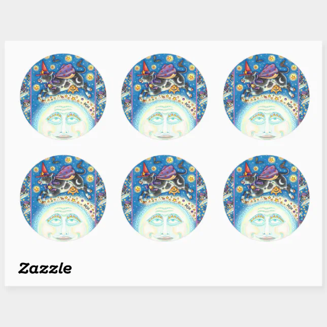 COW OVER THE MAN IN THE MOON, COLORFUL WHIMSY CLASSIC ROUND STICKER ...