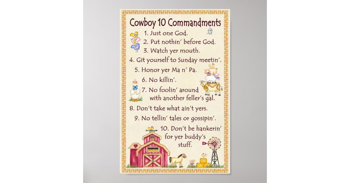 Cowboy 10 Commandments - Farm Fun Poster | Zazzle