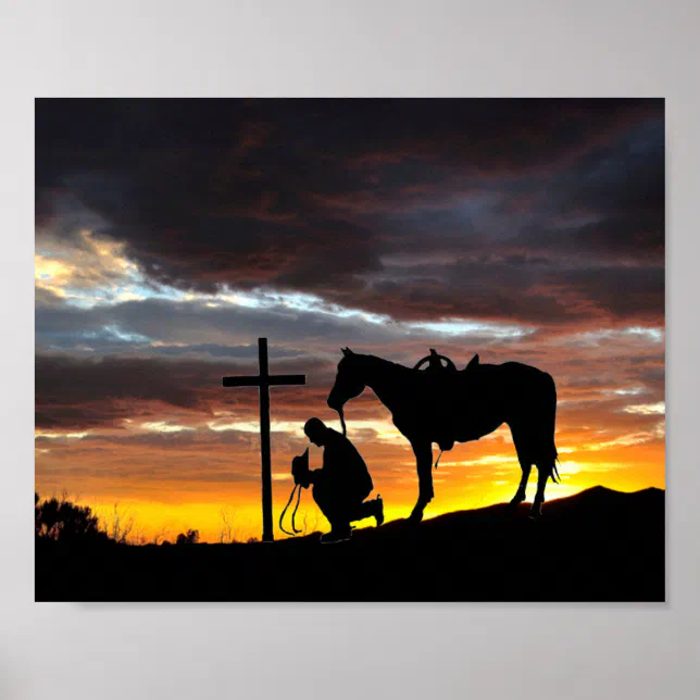 Cowboy Prayer Silhouette With Sunset Poster | Zazzle