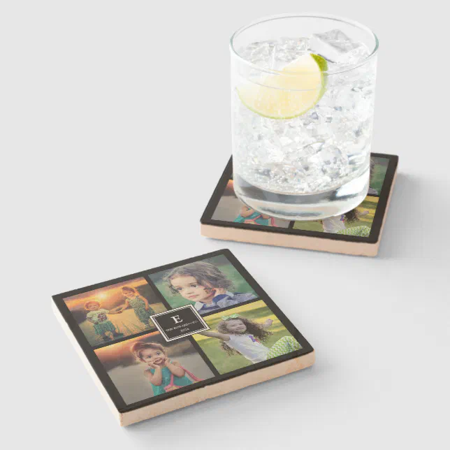 Create your own family photo collage monogrammed stone coaster | Zazzle