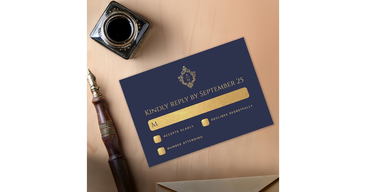 Crest Navy Blue Wedding Monogram Faux Gold Elegant RSVP Card | Zazzle