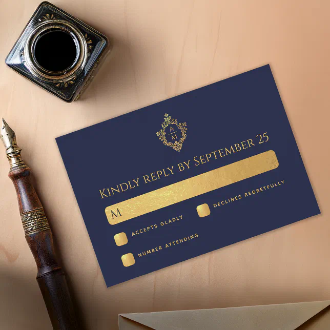 Crest Navy Blue Wedding Monogram Faux Gold Elegant RSVP Card | Zazzle