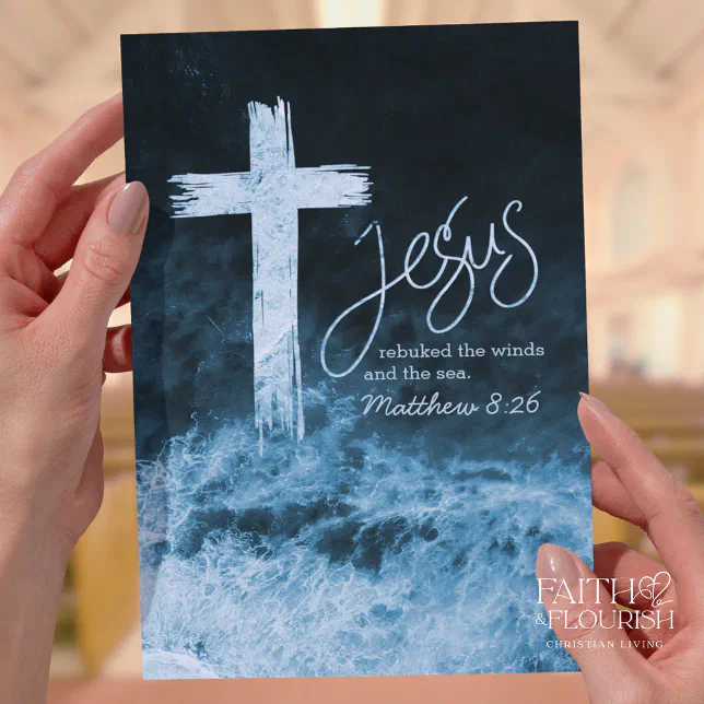 Cross on Water Dark Blue Scripture Church Bulletin | Zazzle