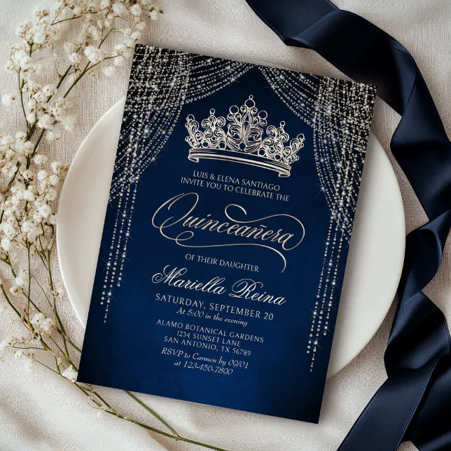 Crown Tiara Navy Silver Quinceañera Invitation | Zazzle