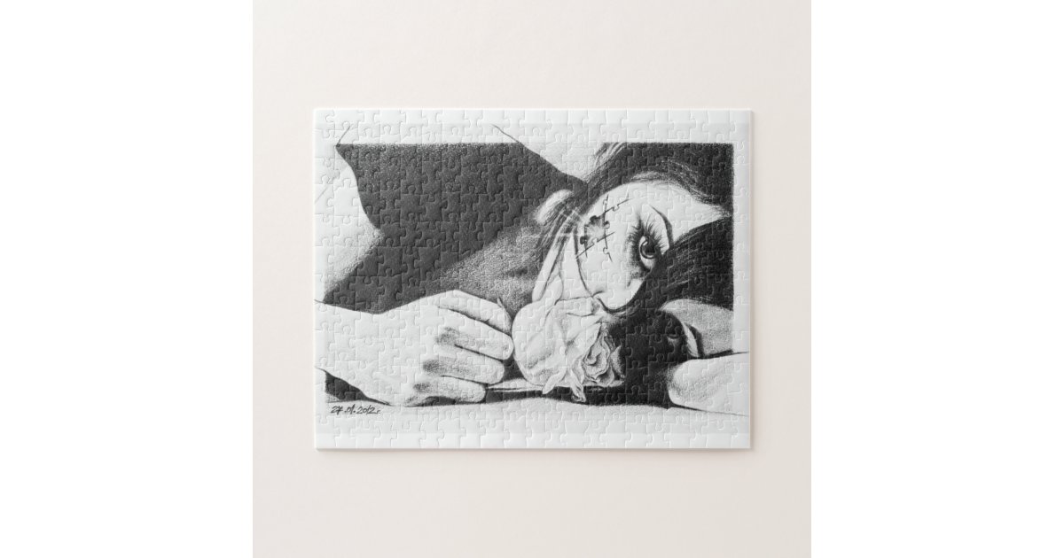Crying girl with rose Surreal drawing art Jigsaw Puzzle | Zazzle