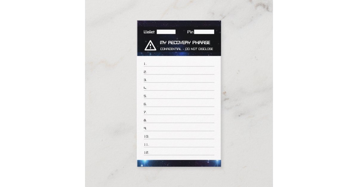 Crypto Wallet Space Recovery Seed Phrase 12 Business Card | Zazzle