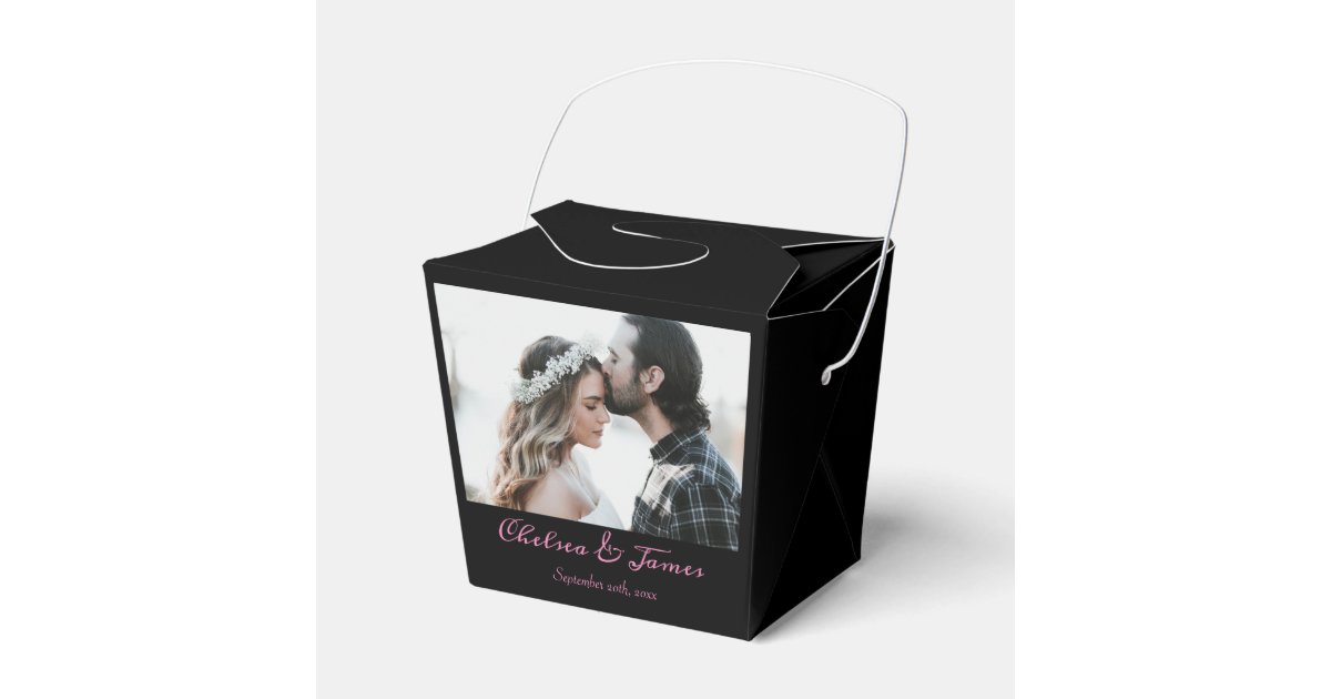 Custom Black and Pink Calligraphy Wedding Photo Favour Box | Zazzle