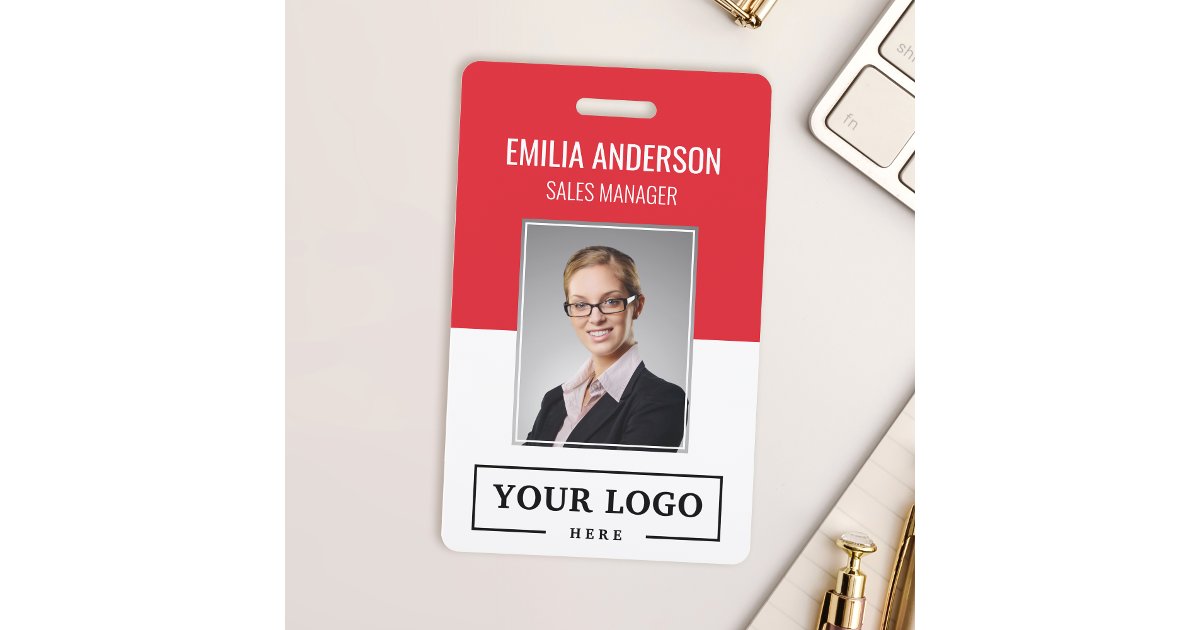 Custom Business Logo Basic Employee Photo Red ID Badge | Zazzle