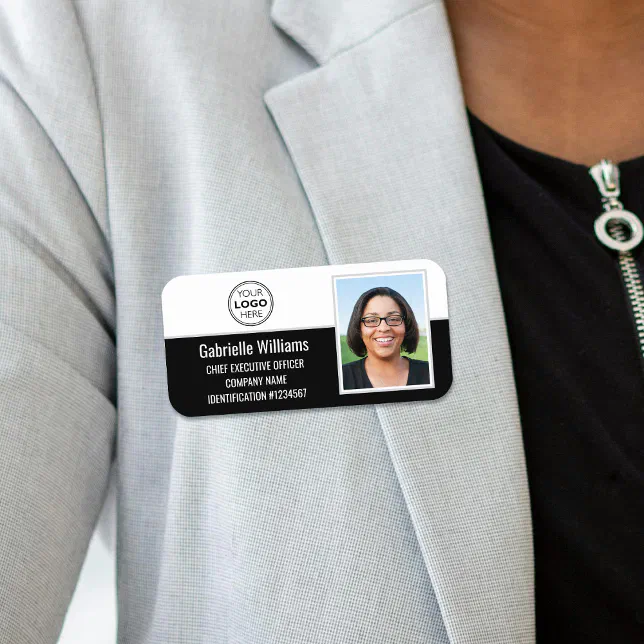 Custom Company Logo Employee Photo Black Magnetic Name Tag | Zazzle