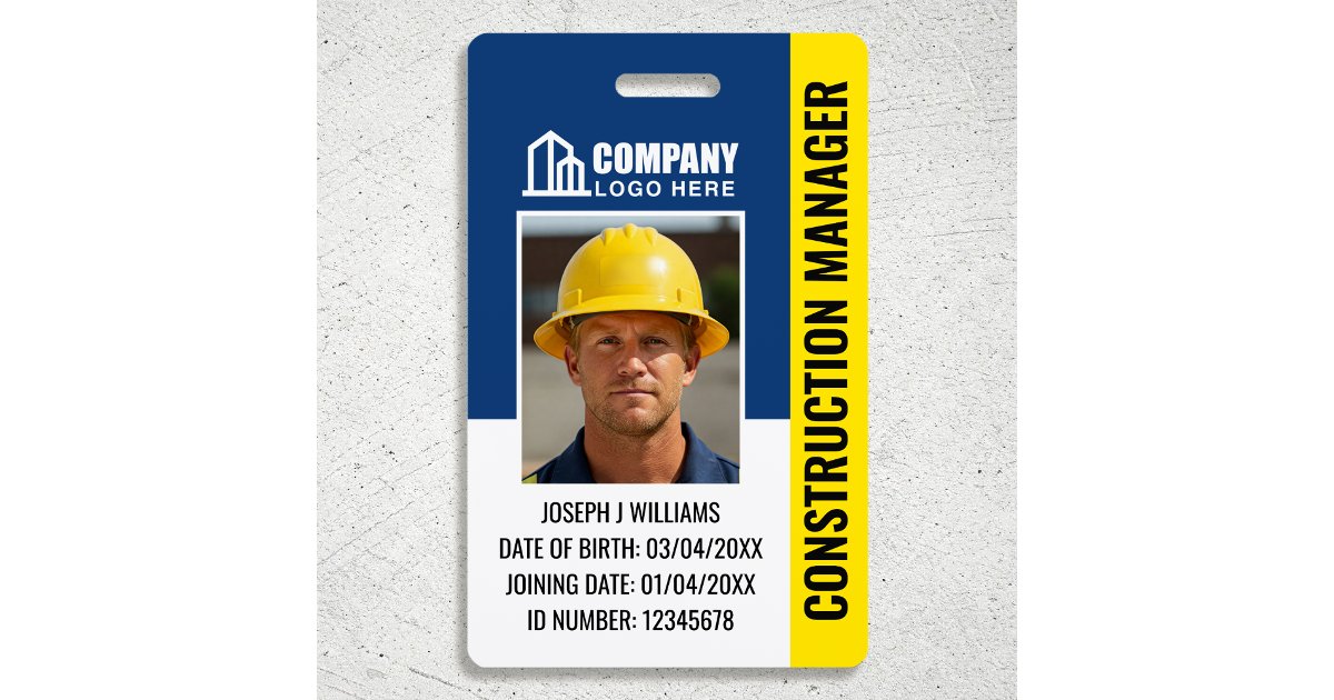 Custom Construction Site ID Logo QR Code Navy Blue ID Badge | Zazzle
