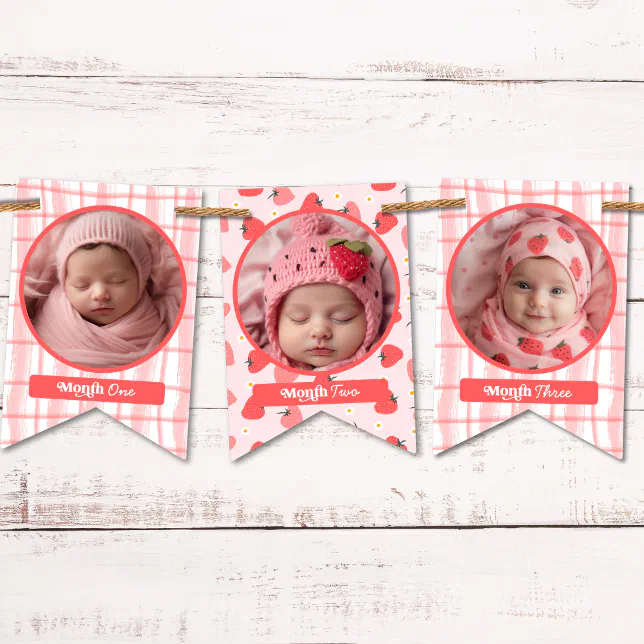 Custom Cute Berry First 1st Birthday Pink 12 Photo Bunting | Zazzle