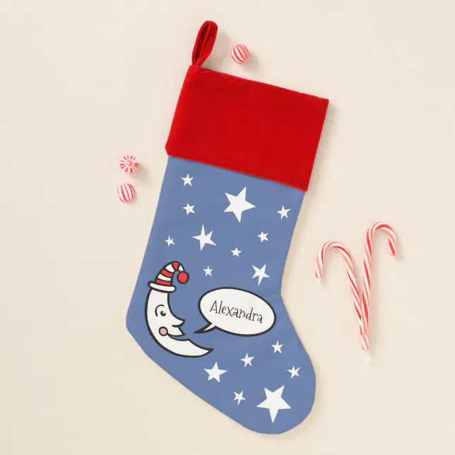 Custom Cute Moon Face and Stars Christmas Stocking | Zazzle
