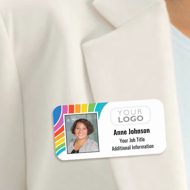 Custom Employee Logo Photo ID Rainbow Colours Name Tag | Zazzle