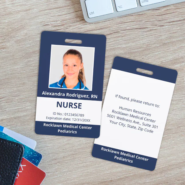 Custom Employee Photo Navy Blue White Medical ID Badge | Zazzle