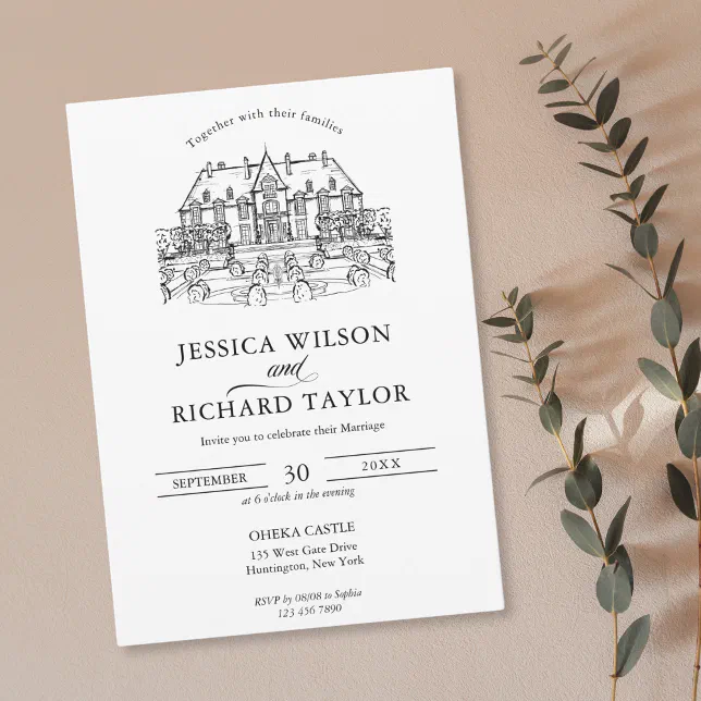 Custom Hand Drawn Venue Illustration Wedding Invitation | Zazzle
