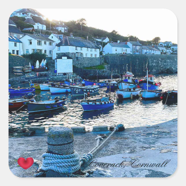 Custom Heart Coverack Harbour Dusk Cornwall Photo Square Sticker | Zazzle